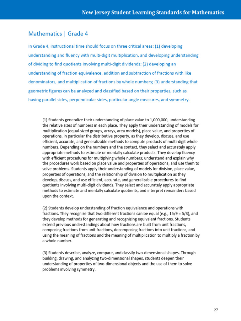 New Jersey 4th Grade Math Standards | PDF | Multiplication | Numbers