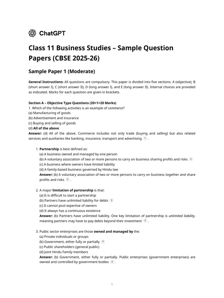 CBSE Class 11 Business Studies Sample Paper | PDF | Commerce | Banks