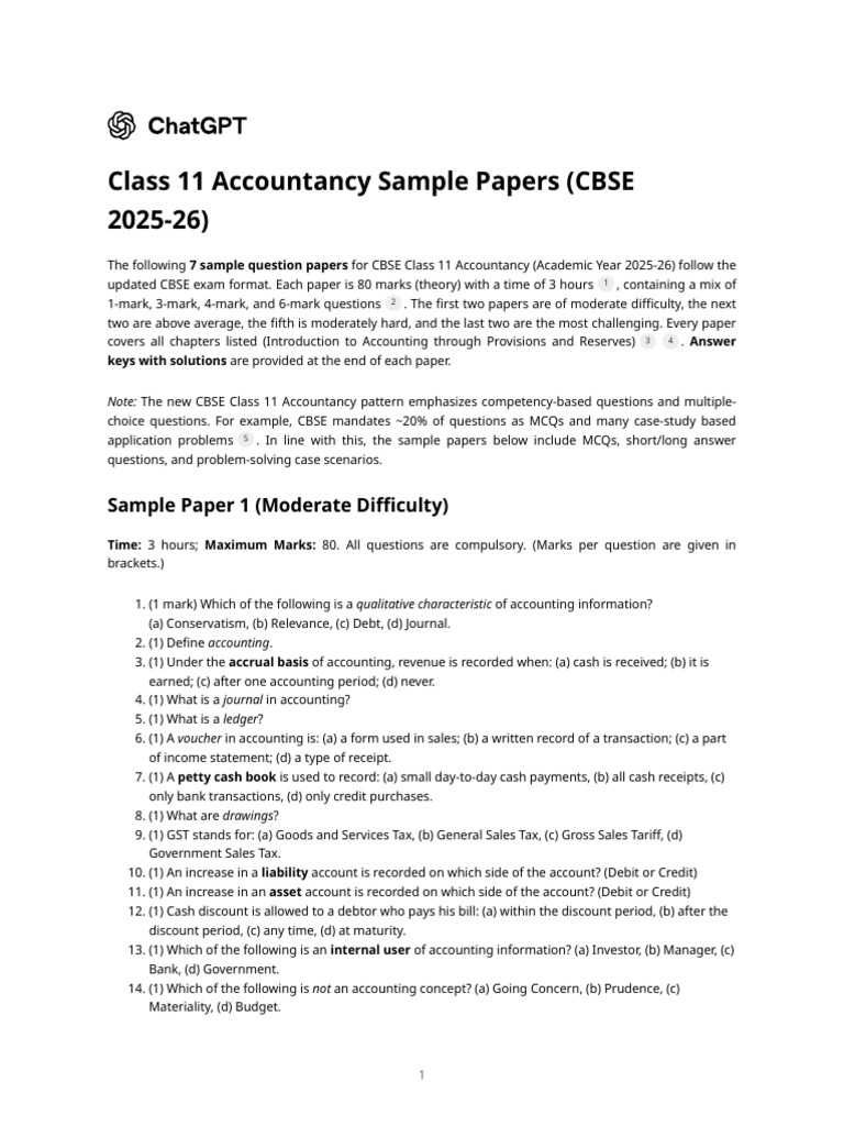 Class 11 Accountancy Sample Papers (CBSE 2025-26) | PDF | Debits And Credits | Financial Services