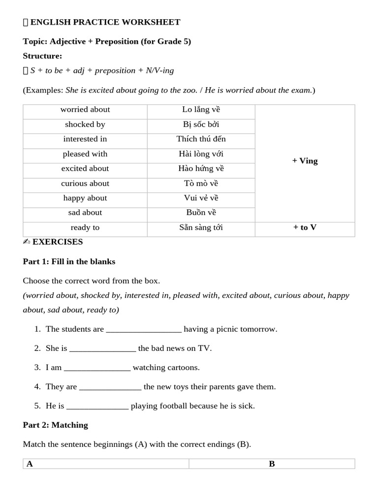 Grade 5 Adjective + Preposition Worksheet | PDF