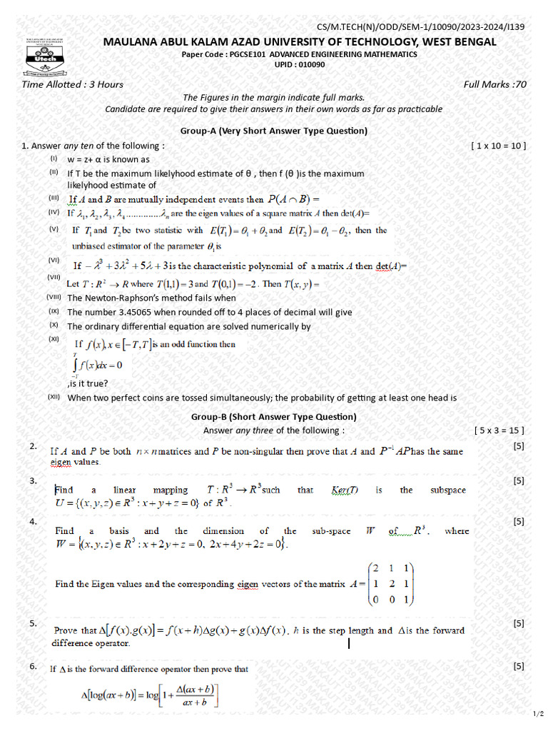 Pgcse 101_advanced Engineering Mathematics_2023-24 | PDF | Odds | Mathematical Concepts