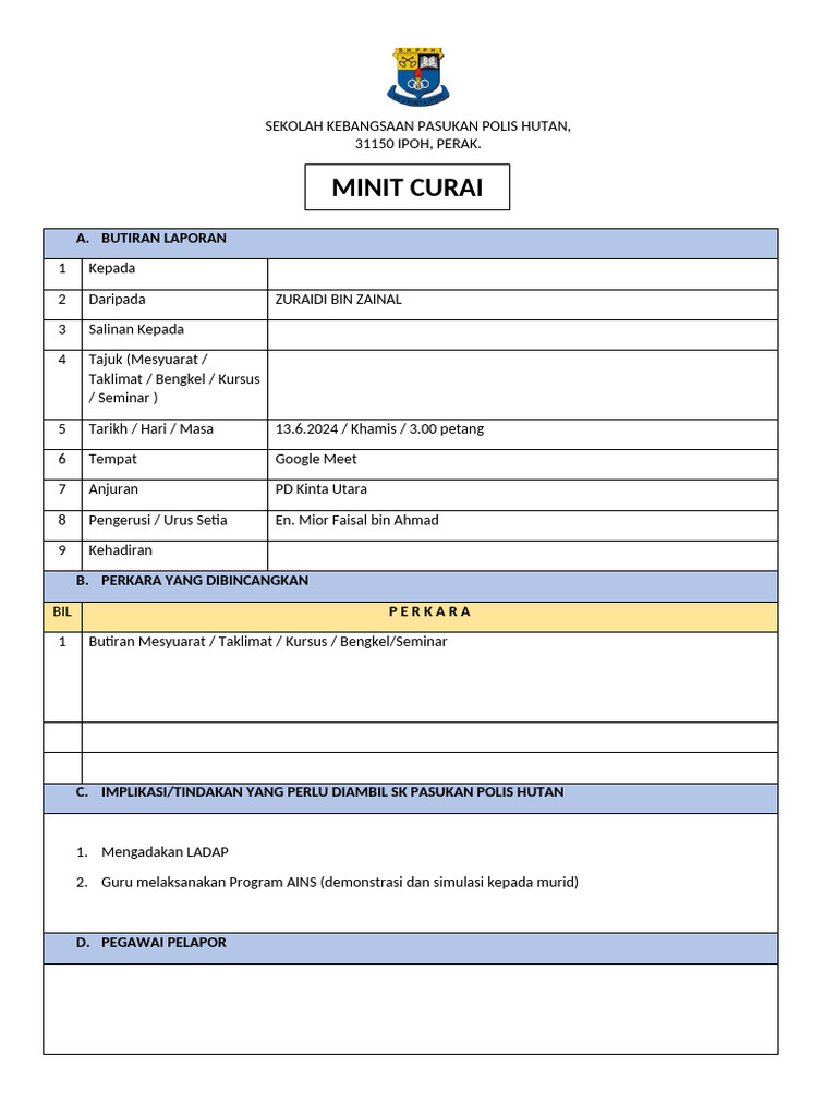 Minit Curai Ains Nilam - Template 2024 | PDF