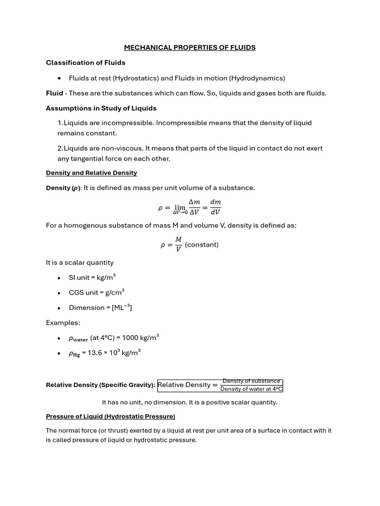 Mechanical Properties of Fluids Explained | PDF | Pressure | Fluid Dynamics