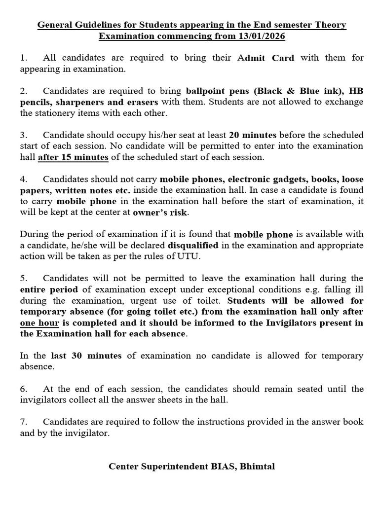 End Semester Exam Guidelines for Students | PDF