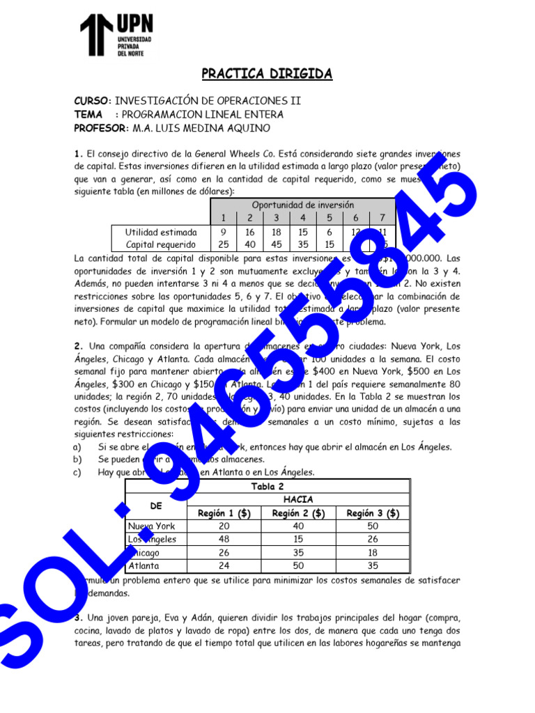 Practica Dirigida Programación Lineal Entera Upn Resuelta 2026 | PDF | Programación lineal