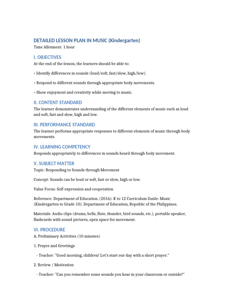 Kindergarten Music Lesson Plan: Sound Movement | PDF | Lesson Plan ...