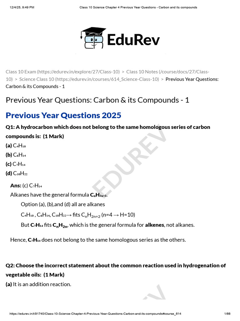Class 10 Science Chapter 4 Previous Year Questions - Carbon and Its ...