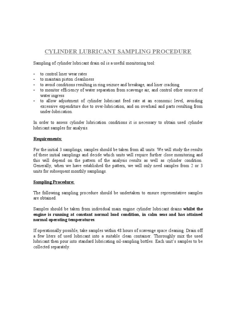 Cylinder Lub Oil Sampling Method | PDF | Cylinder (Engine) | Piston