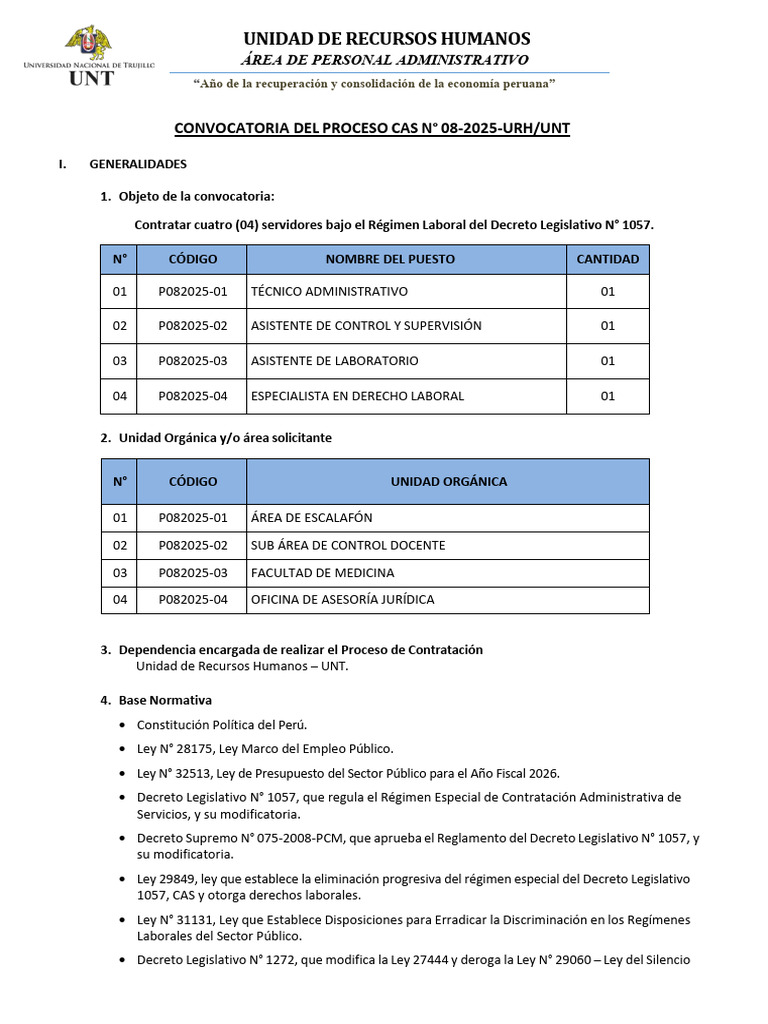 Bases de Convocatoria Proceso CAS 08-2025-URH-UNT (1) (2) | PDF | Laboratorios | Gestión de ...