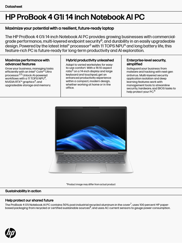 HP ProBook 4 G1i 14" AI Notebook Datasheet | PDF | Windows 10 | Wi Fi