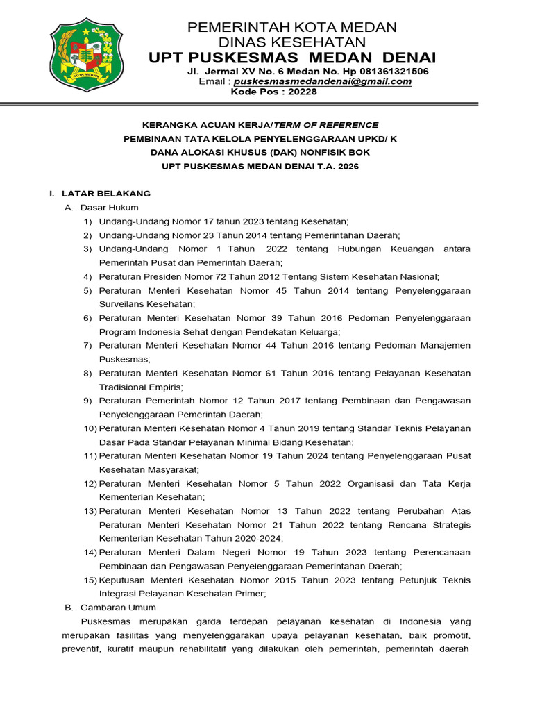 Tor Pembinaan Pengelolaan Upkd K Medan Denai 2026 | PDF