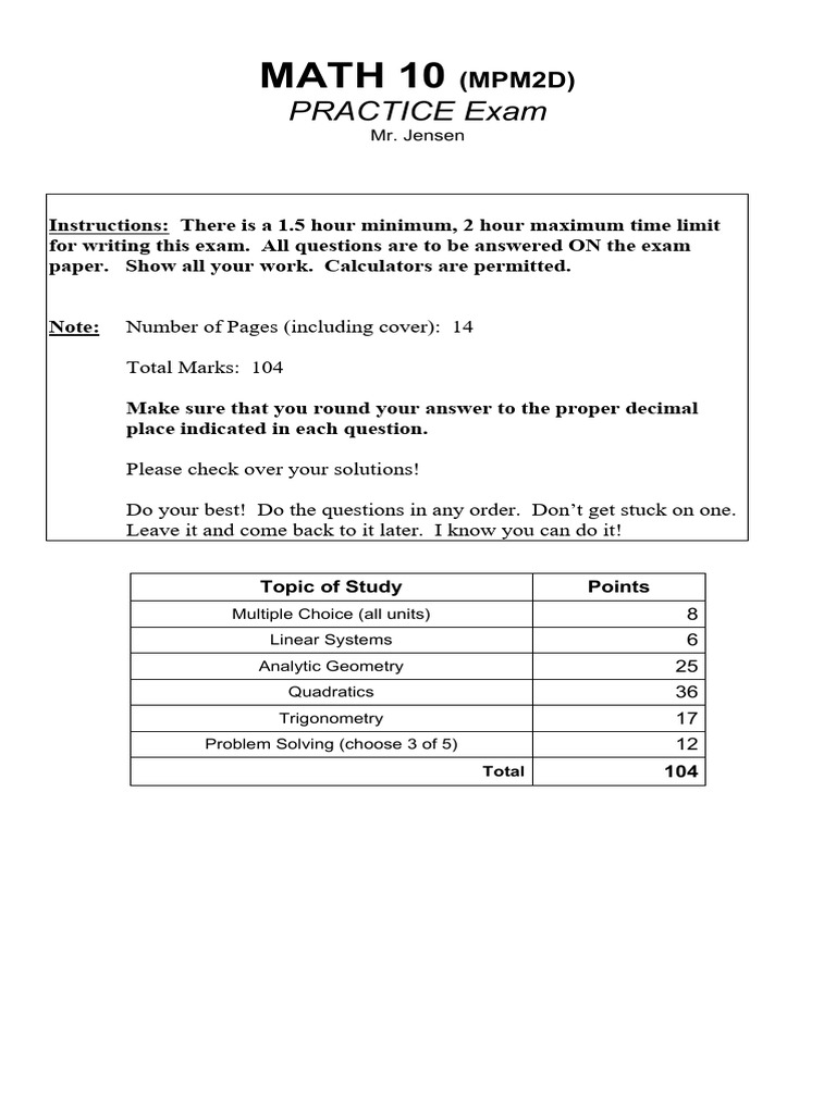 MPM2D Math Practice Exam Guide | PDF | Triangle | Quadratic Equation