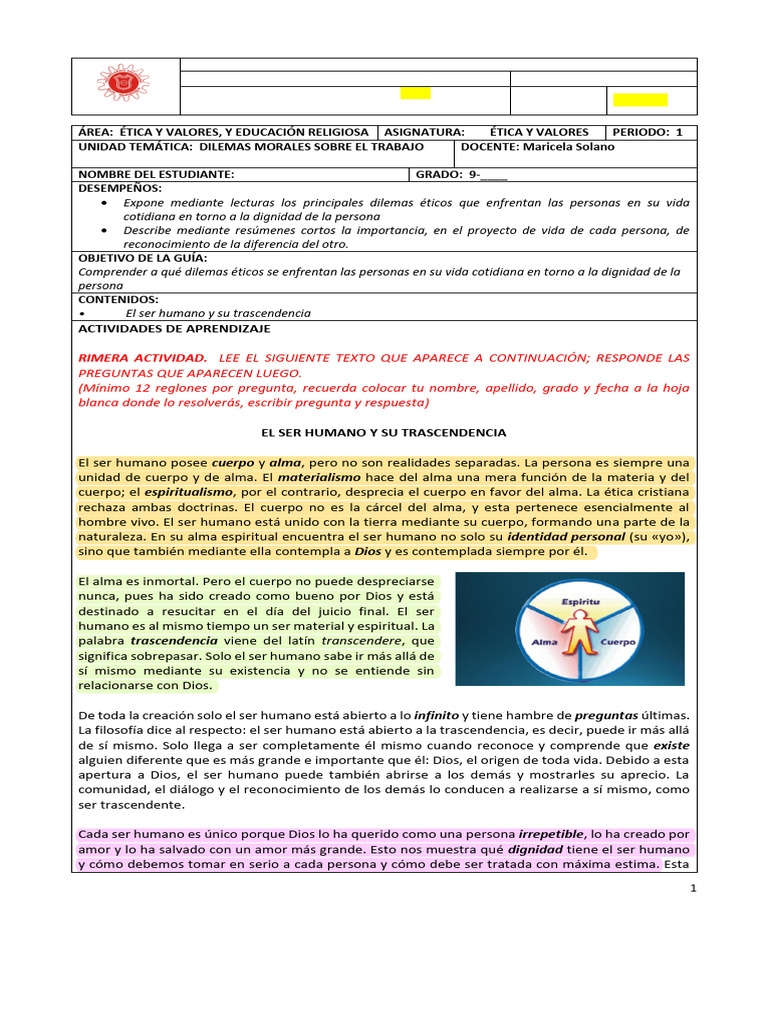 Guias_de_Etica_9o_-_2_El_ser_humano_y_su_trascendencia_ | PDF ...