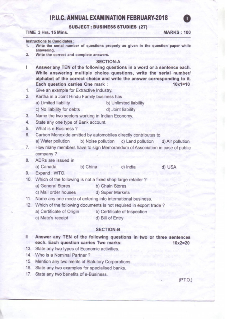Business Studies 1st Puc Previous Year QP | PDF