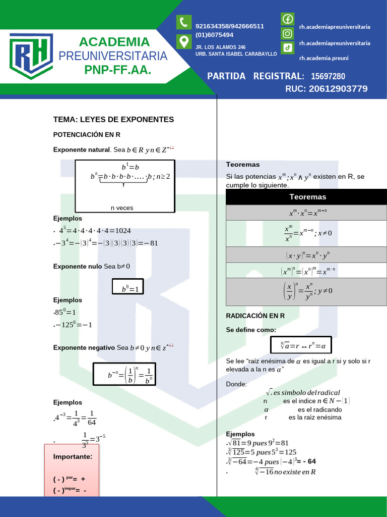 Leyes de Exponentes y Radicación en R | PDF | Matemáticas | Teoría de ...