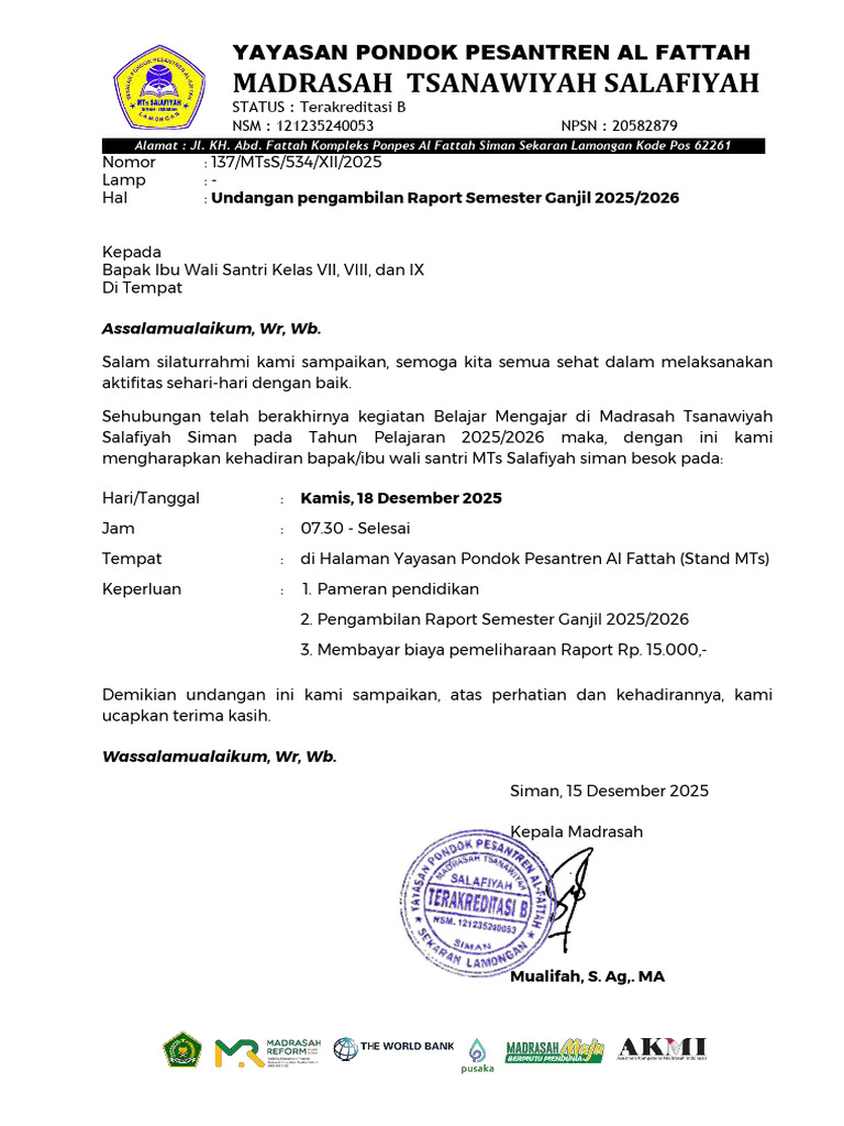 Undangan Pengambilan Raport MTs Al Fattah | PDF