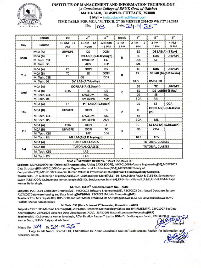 MCA Time Table 2024-25 | PDF