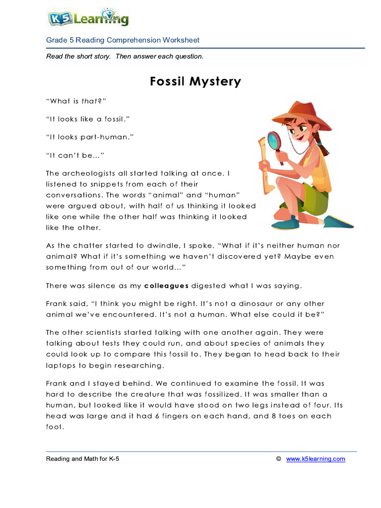 Reading Comprehension Worksheet and Kid_s Fable - _Fossil Mystery | PDF