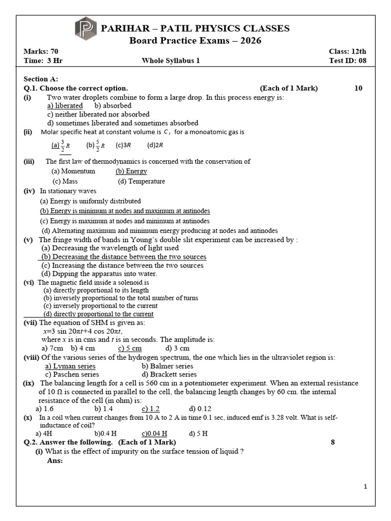 Class 12 Physics Board Exam Practice | PDF | Waves | Inductor