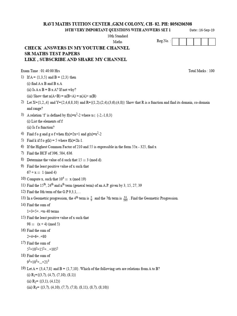 10th Standard Maths Important Questions | PDF | Elementary Mathematics ...