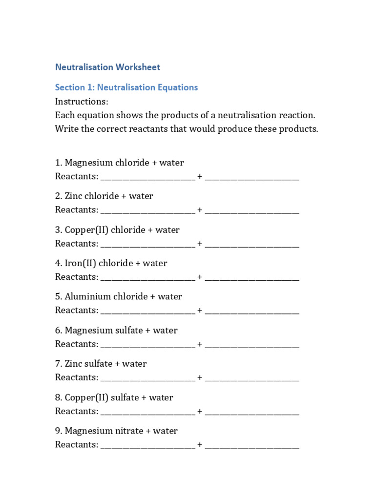 Neutralisation Reactions Worksheet | PDF
