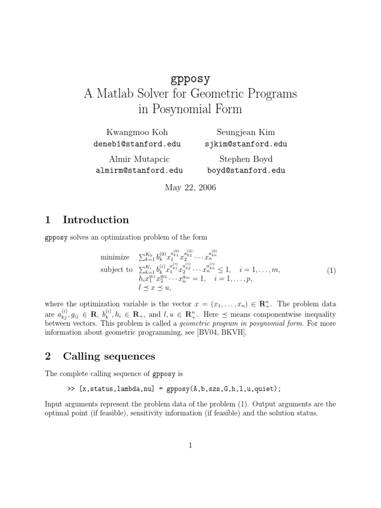 Gpposy A Matlab Solver For Geometric Programs in Posynomial Form | PDF | Mathematical ...