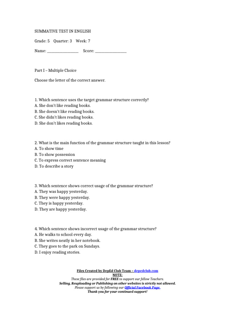 Grade 5 English Grammar Test | PDF | Linguistics | Grammar