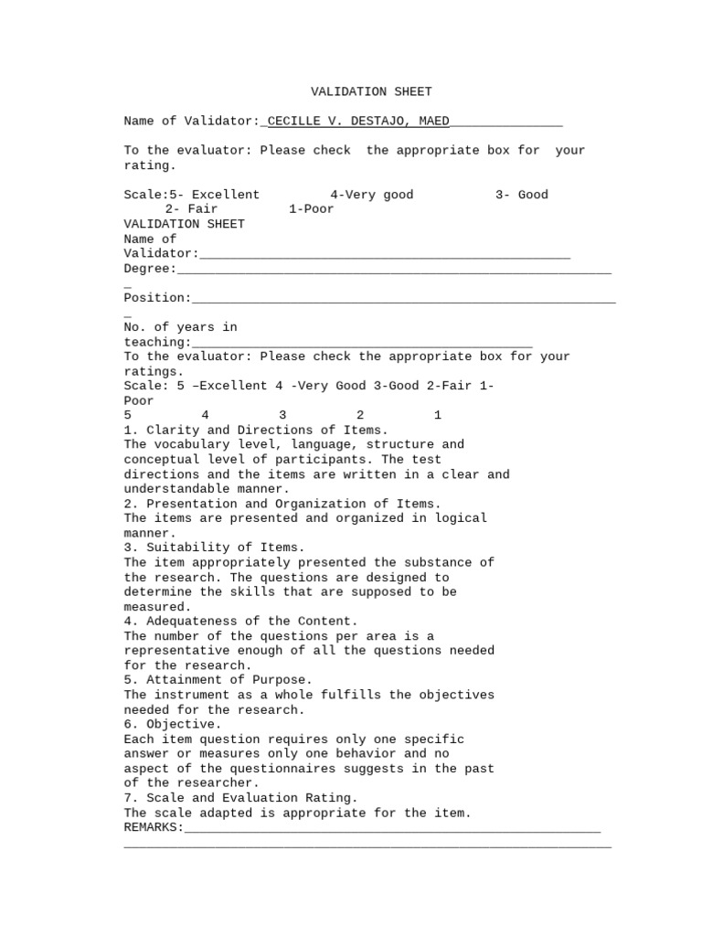 Validator Evaluation Sheet Template | PDF | Questionnaire | Survey ...