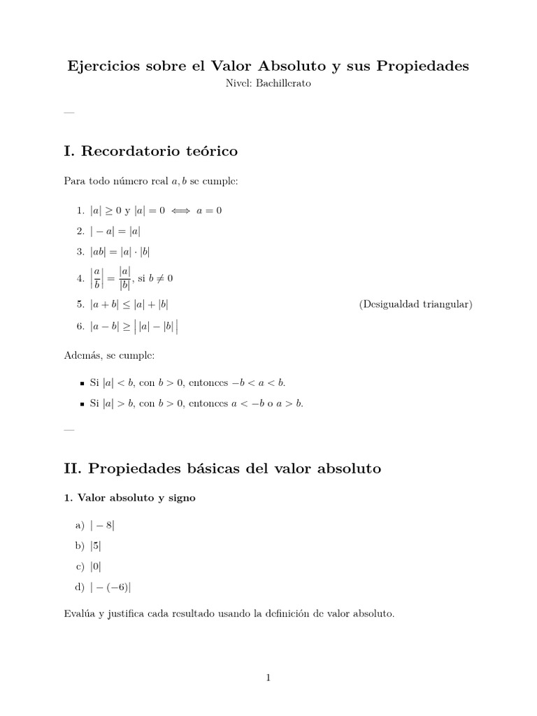 Ejercicios de Valor Absoluto | PDF | Matemáticas | Conceptos matemáticos