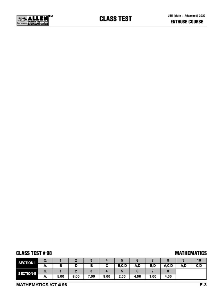 0503 Class Test-98 Math Answer Keys | PDF