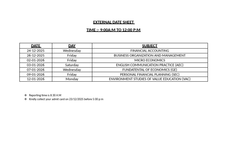 External Date Sheet | PDF