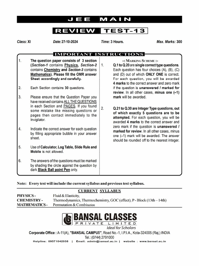 01_PCM_RT-13_27-10-2024_11th_JEE Main_WA | PDF