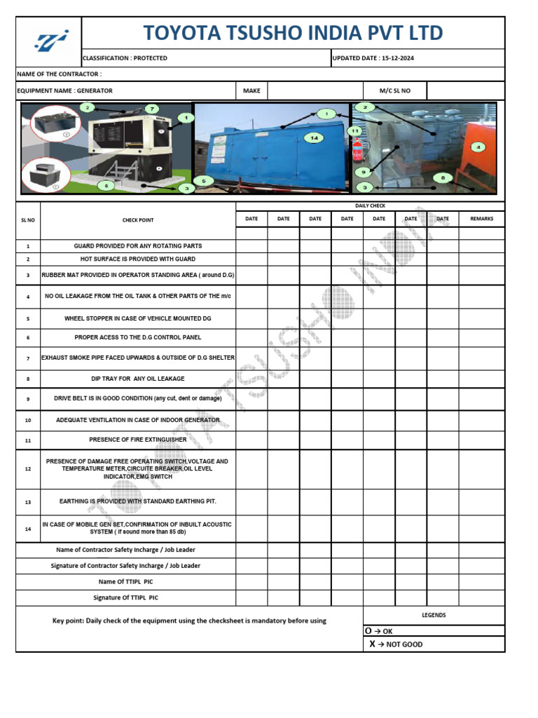 Daily Generator Safety Checklist | PDF