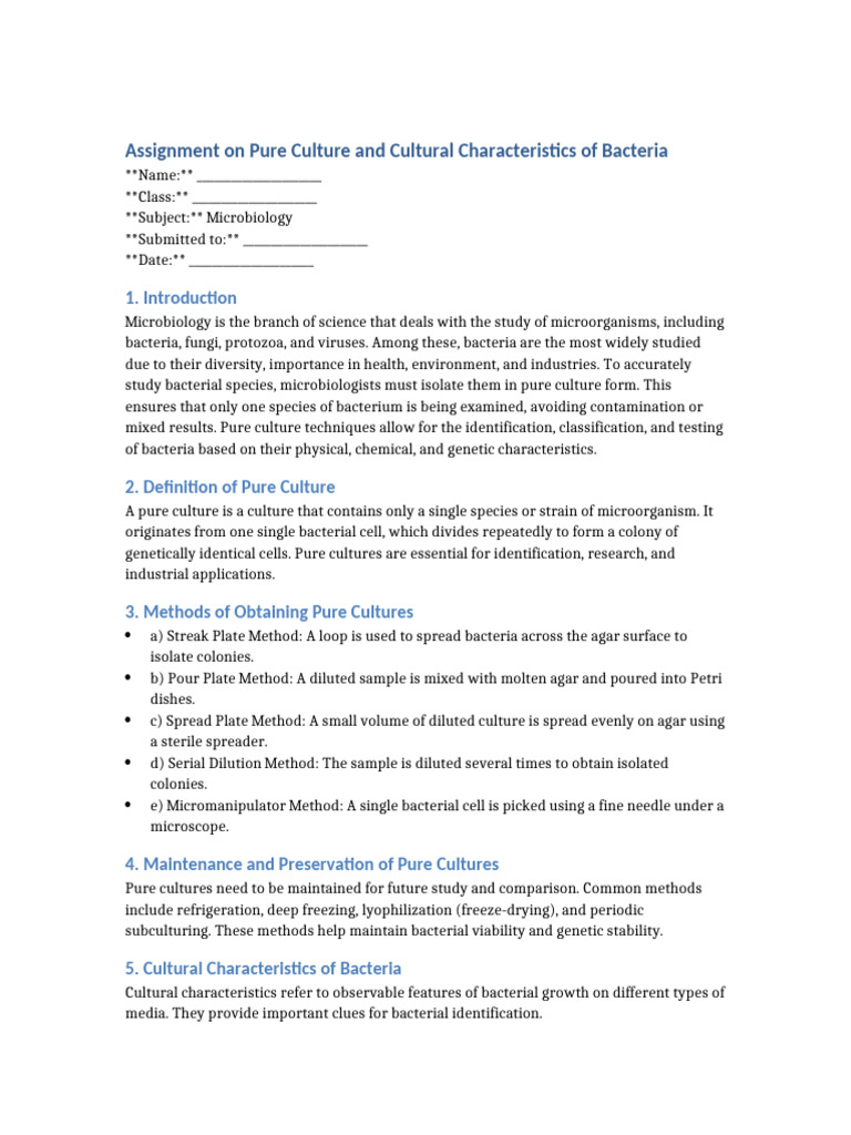 Pure Culture and Characteristics Assignment | PDF | Bacteria | Microbiology