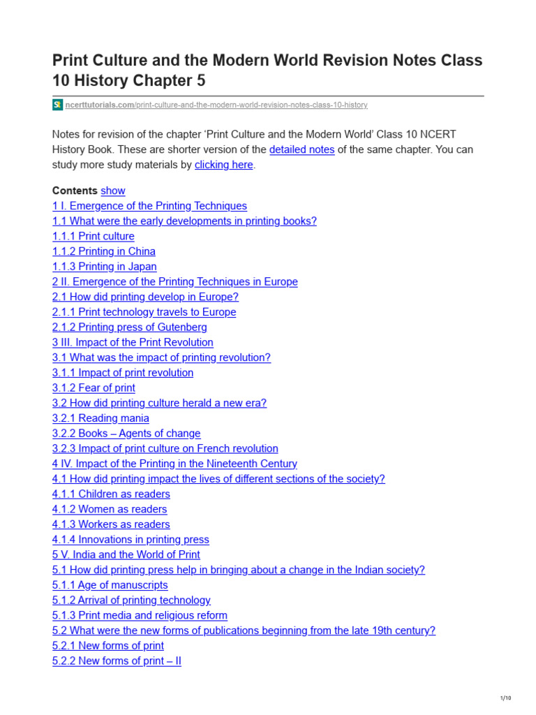 Print Culture and The Modern World Revision Notes Class 10 History ...