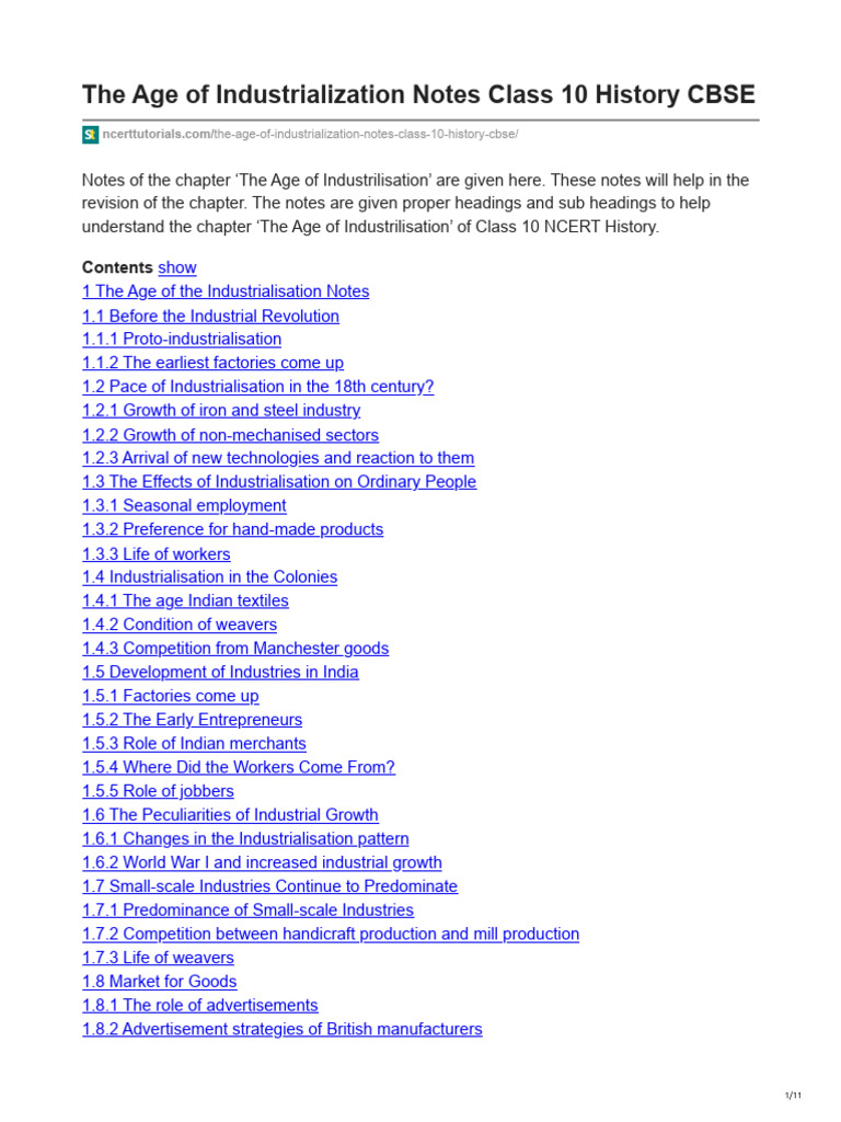 Class 10 Industrialization History Notes | PDF | Weaving | Industrial ...