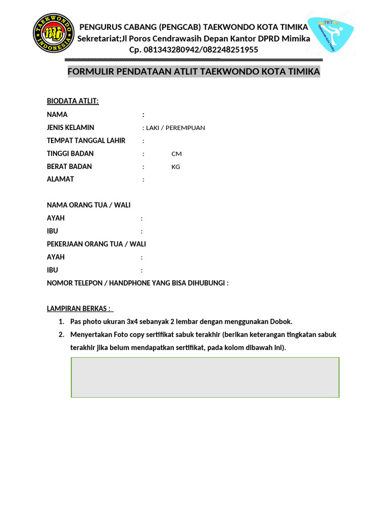 Formulir Pendataan Atlit Taekwondo Kota Timika | PDF