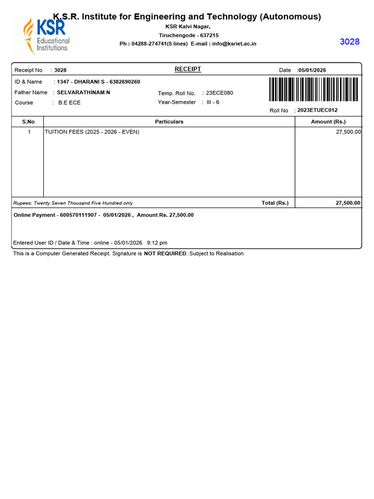 KSR Institute Tuition Fee Receipt 2026 | PDF