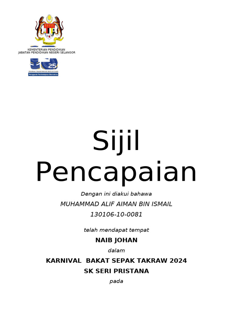 Sijil Pencapaian NAIB JOHAN | PDF