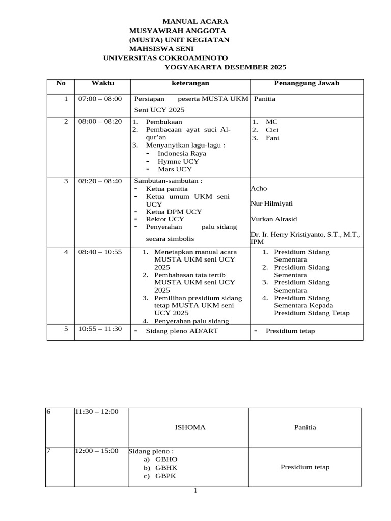 Manual Acara MUSTA UKM Seni UCY 2025 | PDF