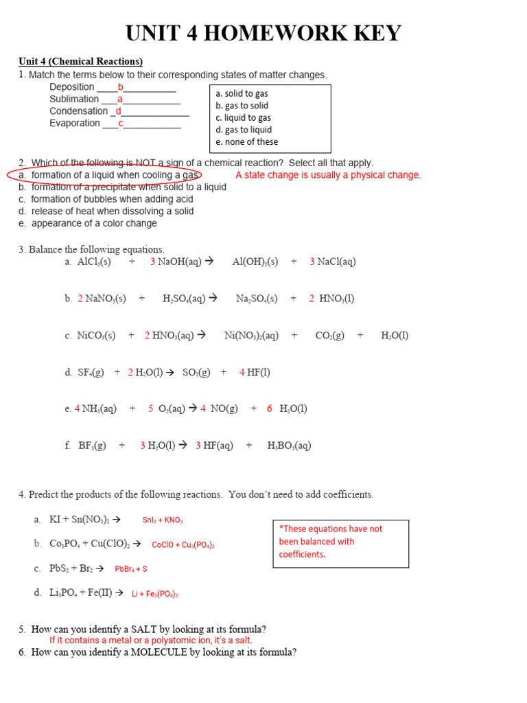 Unit 4 Chemical Reactions Homework Key | PDF | Acid | Redox