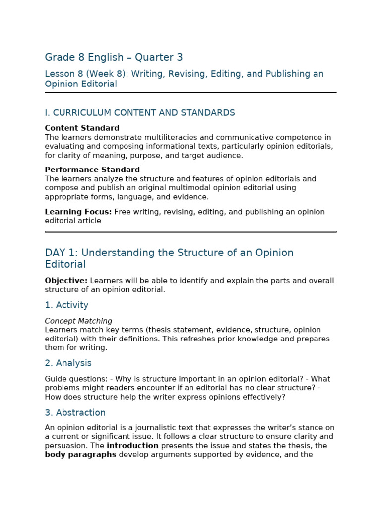 Grade 8 English - Quarter 3 Lesson 8 (Week 8) - 5-Day Detailed Lesson ...