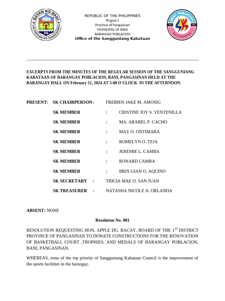 Excerpts From Te Minutes of The Regular Session of The Sangguniang ...