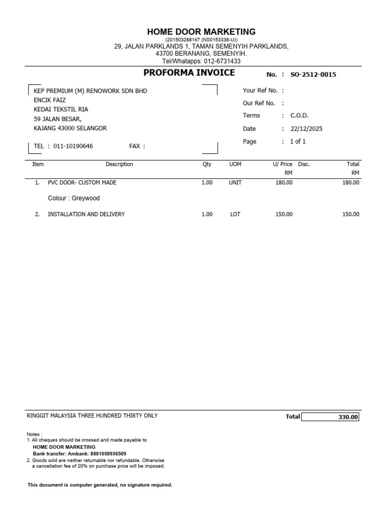 Proforma Invoice for Custom PVC Door | PDF