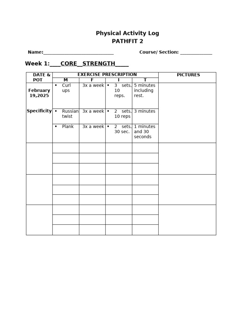 Weekly Physical Activity Log Template | PDF
