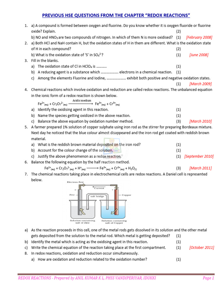 Redox Reactions: HSE Questions & Answers | PDF | Redox | Chemical Reactions