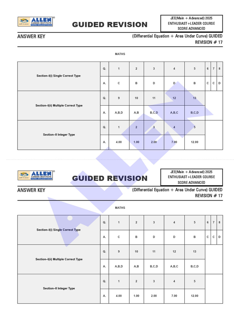 Mathematics 17 Differential Equation + Area Under Curve Ans Key | PDF ...
