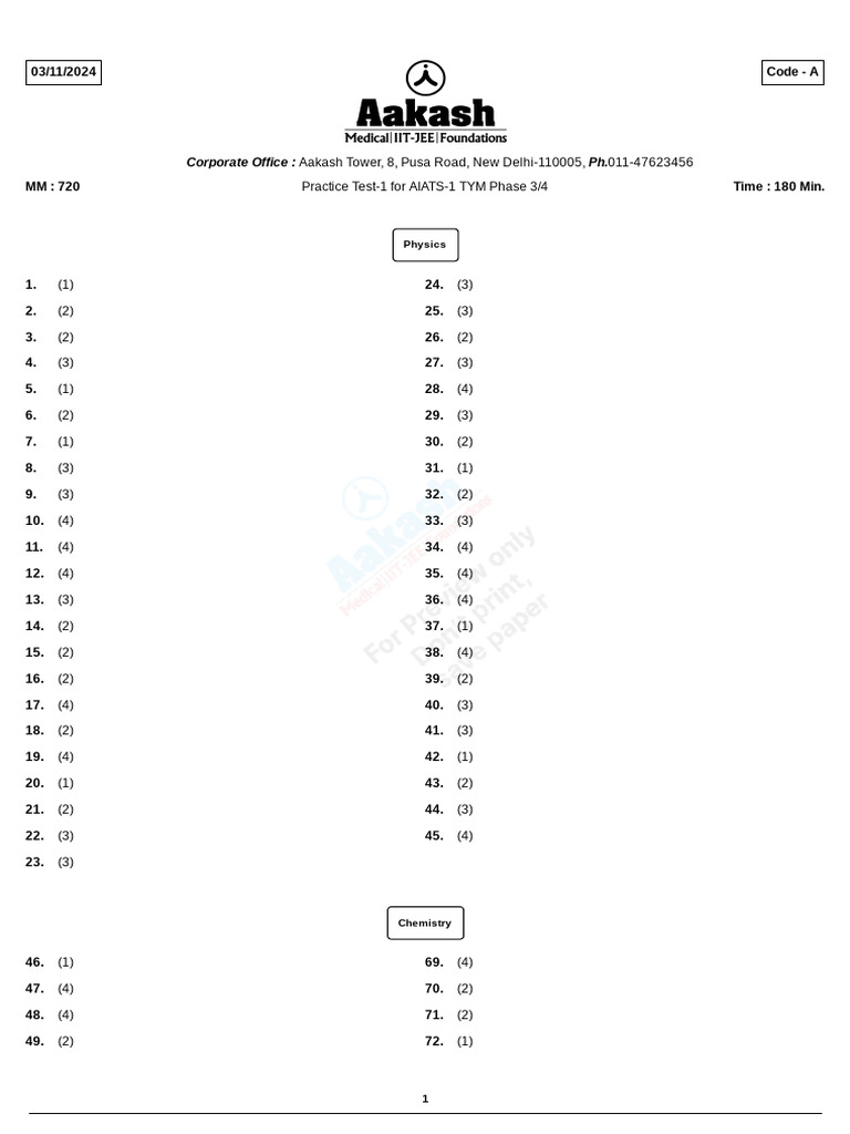 Practice Test-1 For AIATS-1 TYM Phase 3&4 - Answer Key | PDF | Cell ...
