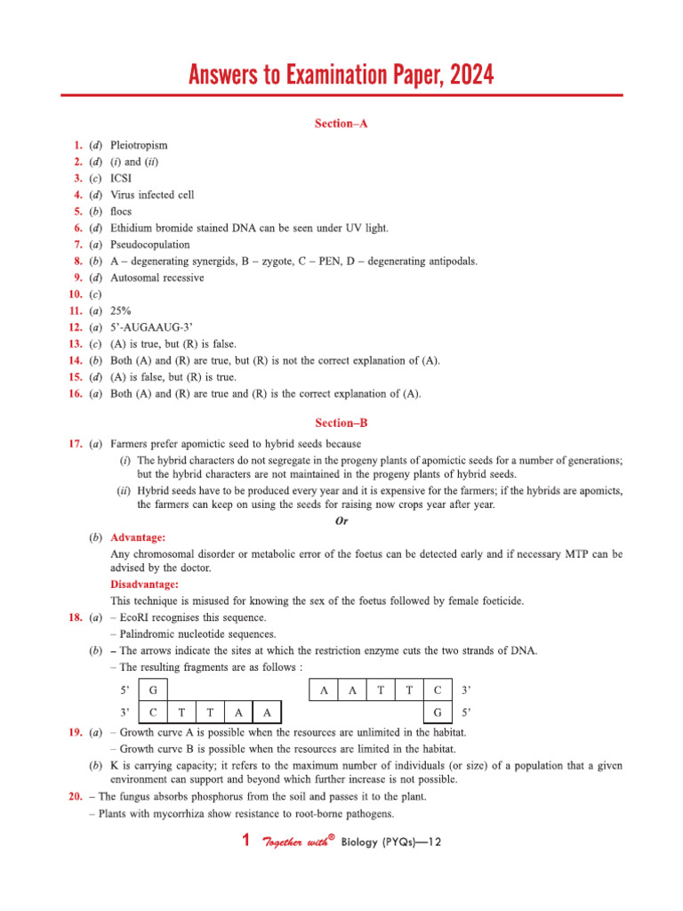 Cbse Cl12 Pyqs Biology Ans-sol Latest Examination Paper 2024 | PDF