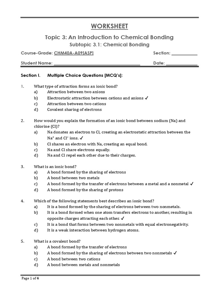 G09 (ASP) - Worksheet - Topic 3.1 - An Introduction To Chemical Bonding ...
